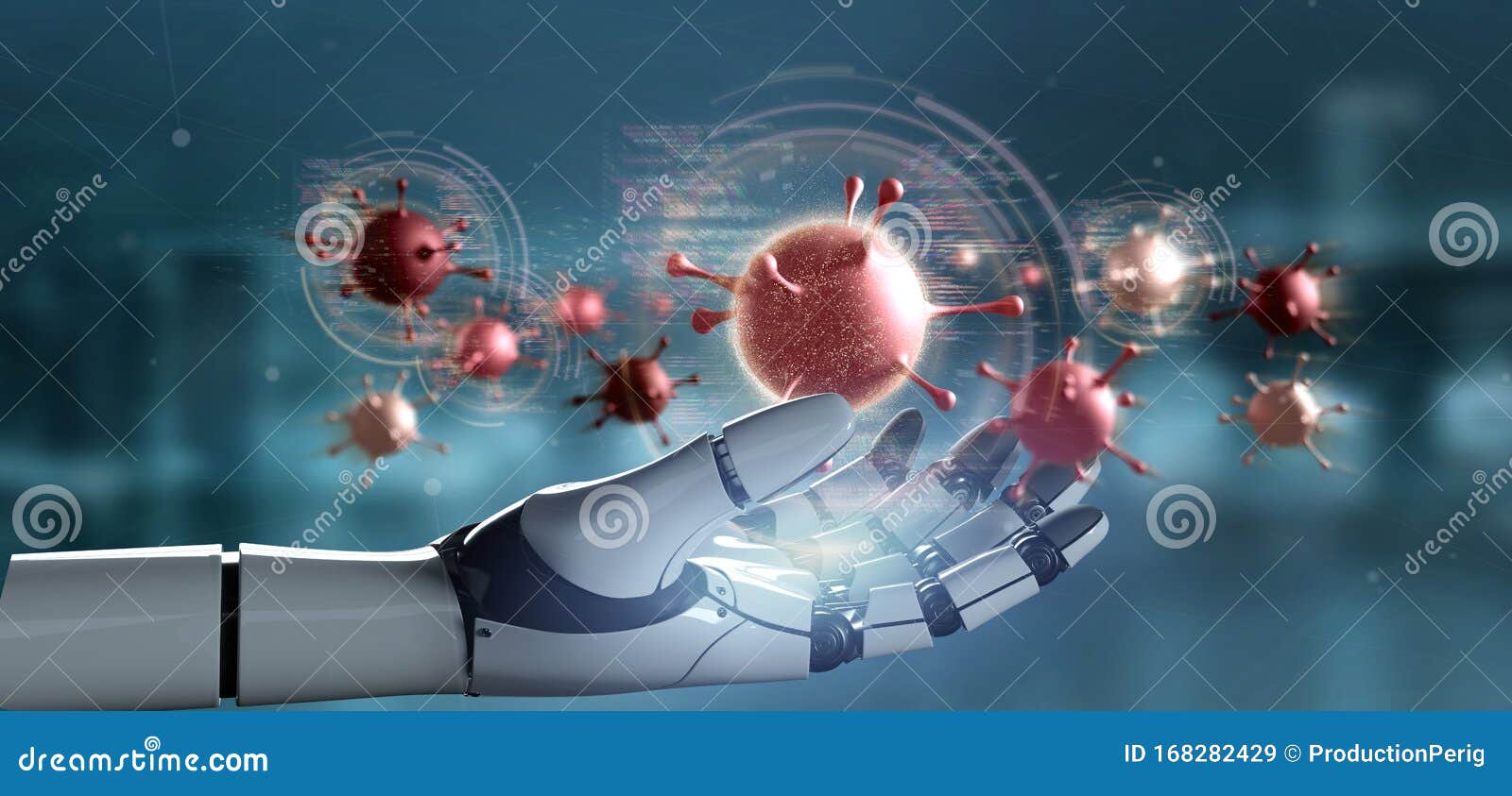 Cyborg Hand Holding a Group of Red Virus Cell - 3d Rendering Stock ...