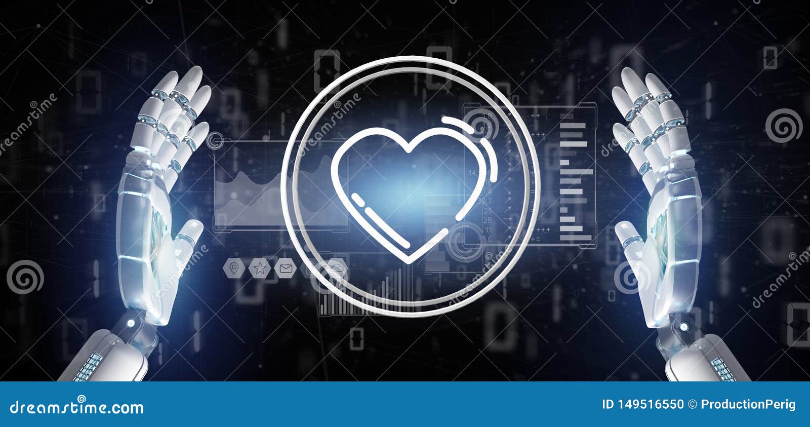 Cyborg Hand Holding a Heart Icon Surrounded by Data Stock Photo - Image ...
