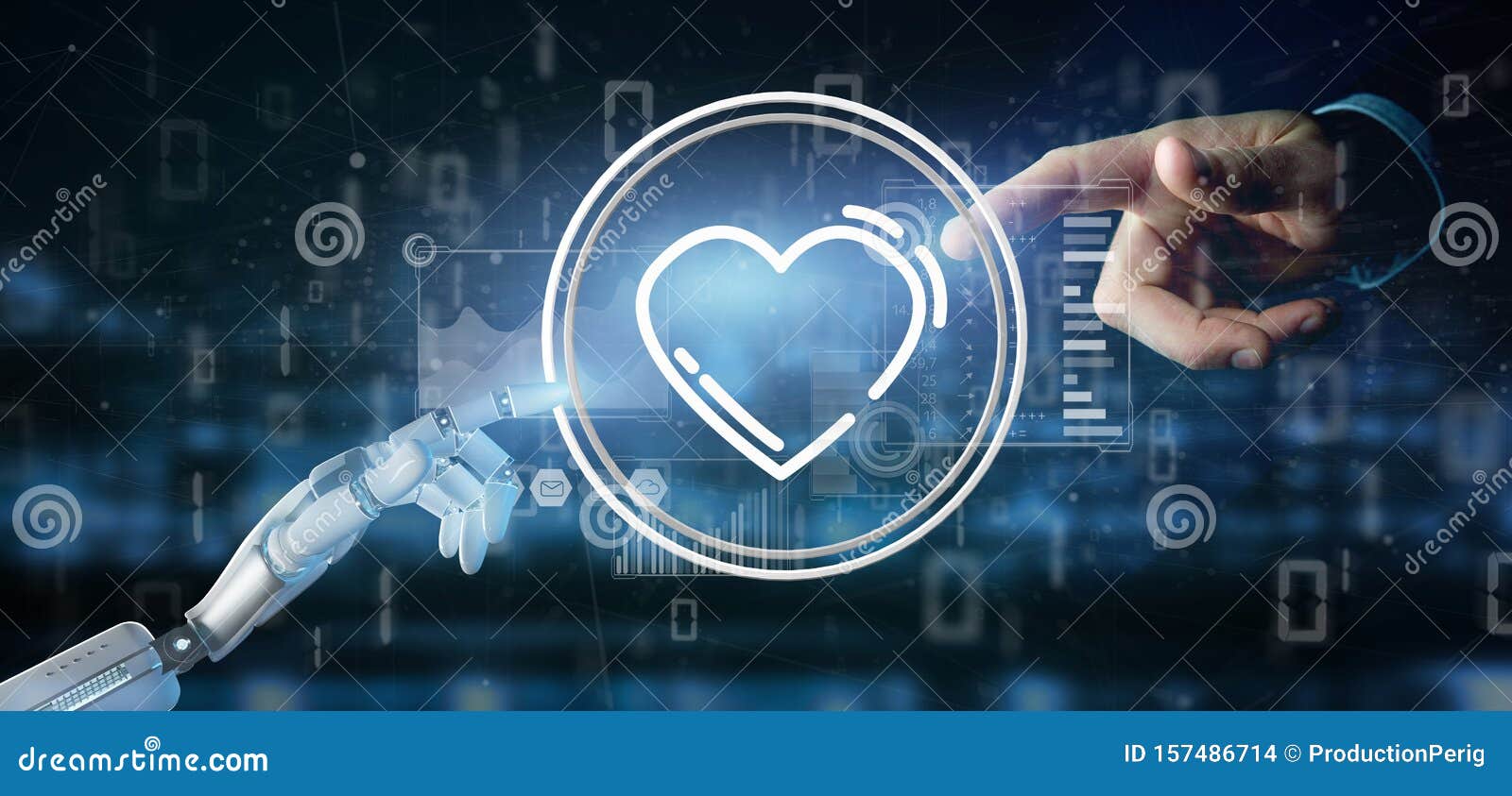 Cyborg Hand Holding a Heart Icon Surrounded by Data Stock Photo - Image ...