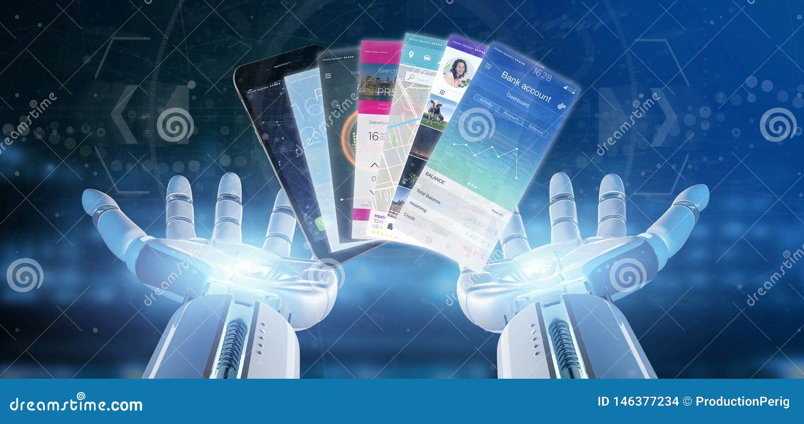 Cyborg Hand Holding Mobile Application Template on a Smartphone 3d ...