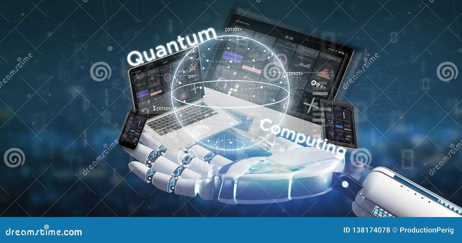 Cyborg Hand Holding Quantum Computing Concept With Qubit And Devices 3d ...