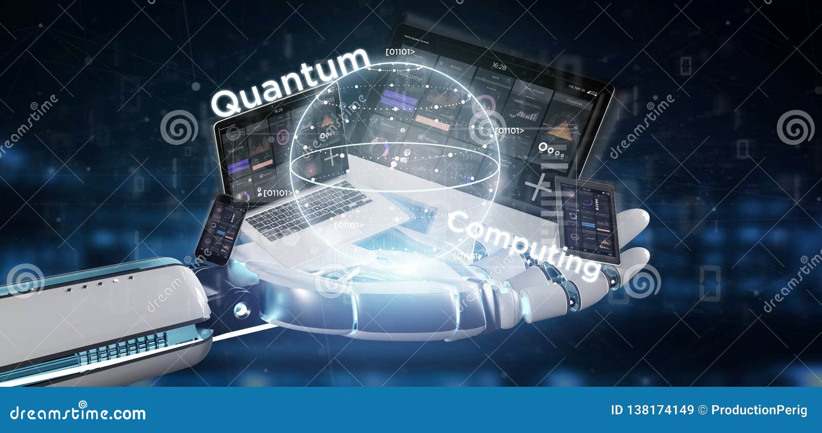 Cyborg Hand Holding Quantum Computing Concept with Qubit and Devices 3d ...