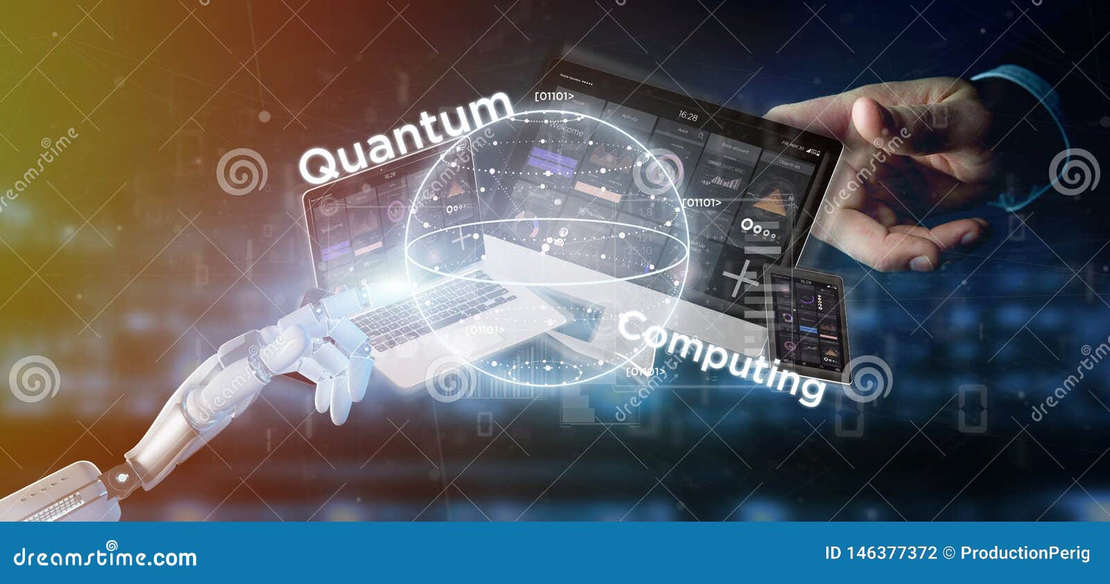 Cyborg Hand Holding Quantum Computing Concept with Qubit and Devices 3d ...