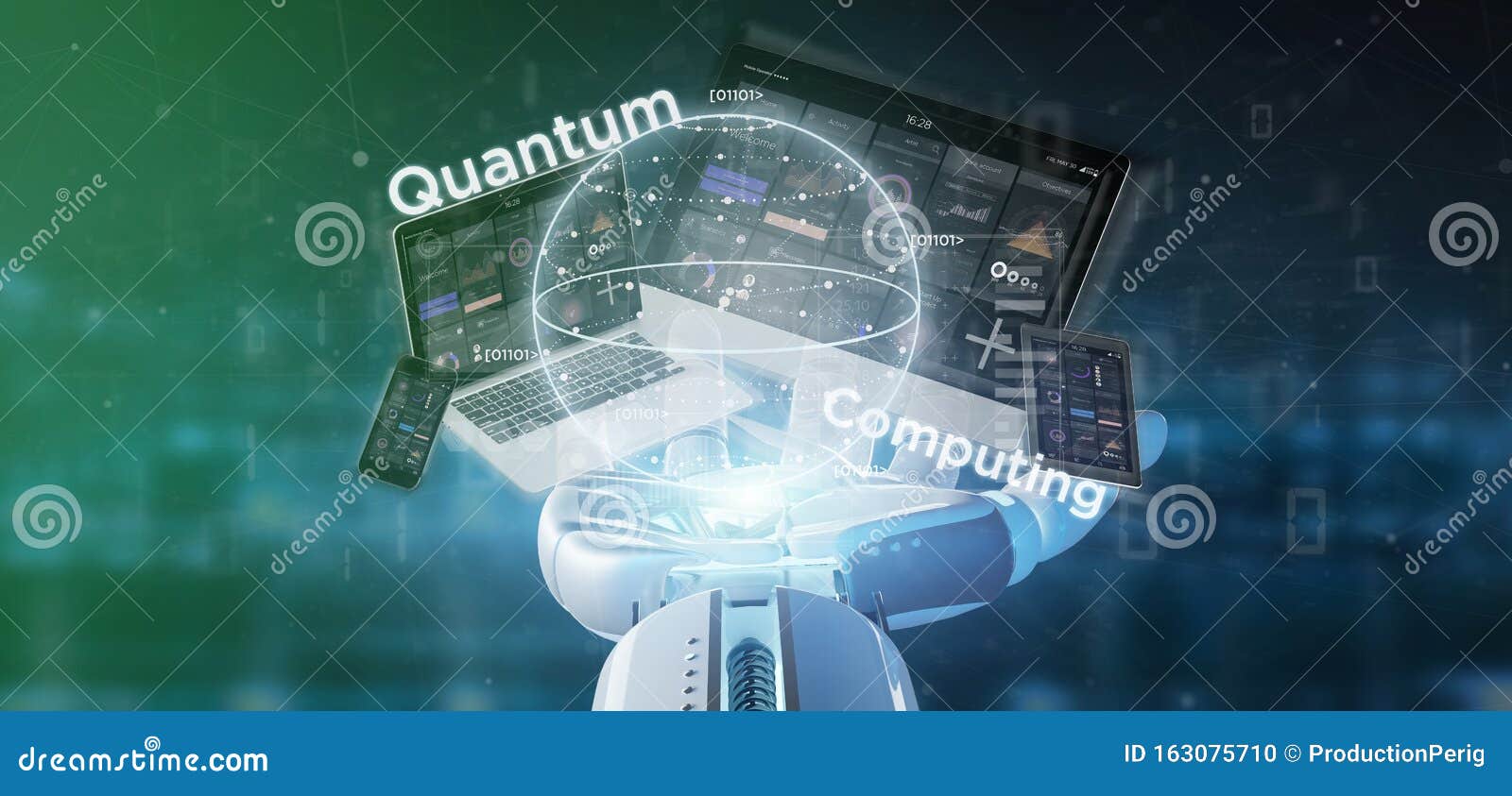 Cyborg Hand Holding Quantum Computing Concept with Qubit and Devices 3d ...