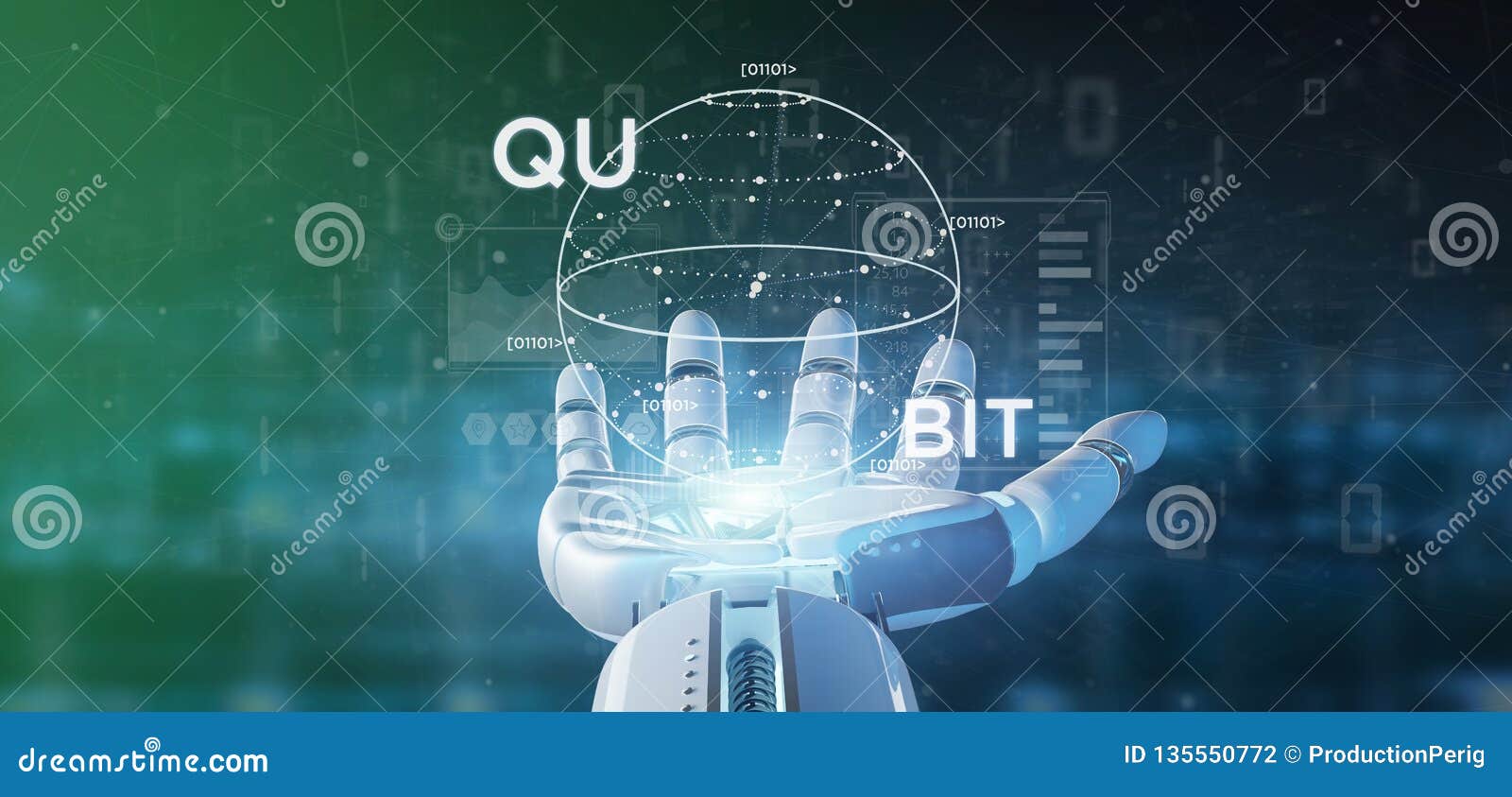 Cyborg Hand Holding Quantum Computing Concept with Qubit Icon 3d ...