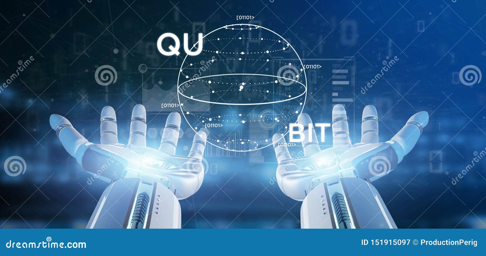 Cyborg Hand Holding Quantum Computing Concept with Qubit Icon 3d ...