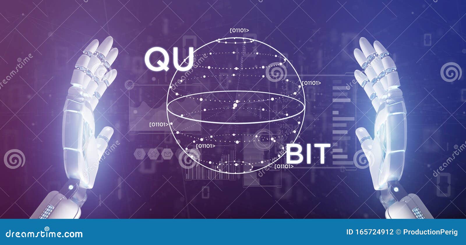 Cyborg Hand Holding Quantum Computing Concept with Qubit Icon 3d ...