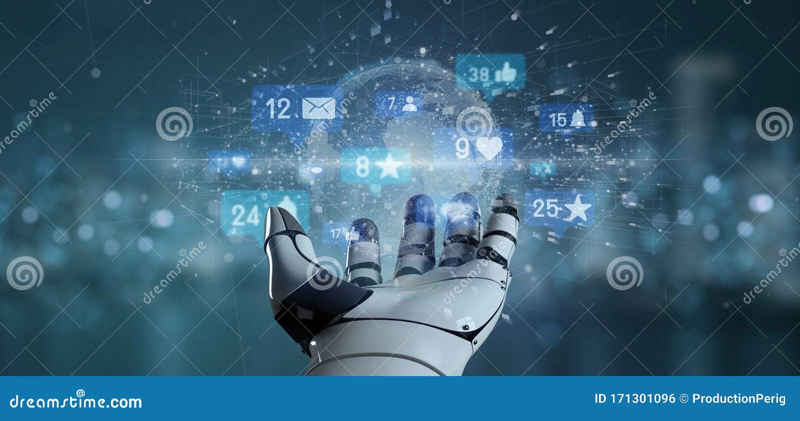 Cyborg Hand Holding Social Network Notifications - 3d Rendering Stock ...