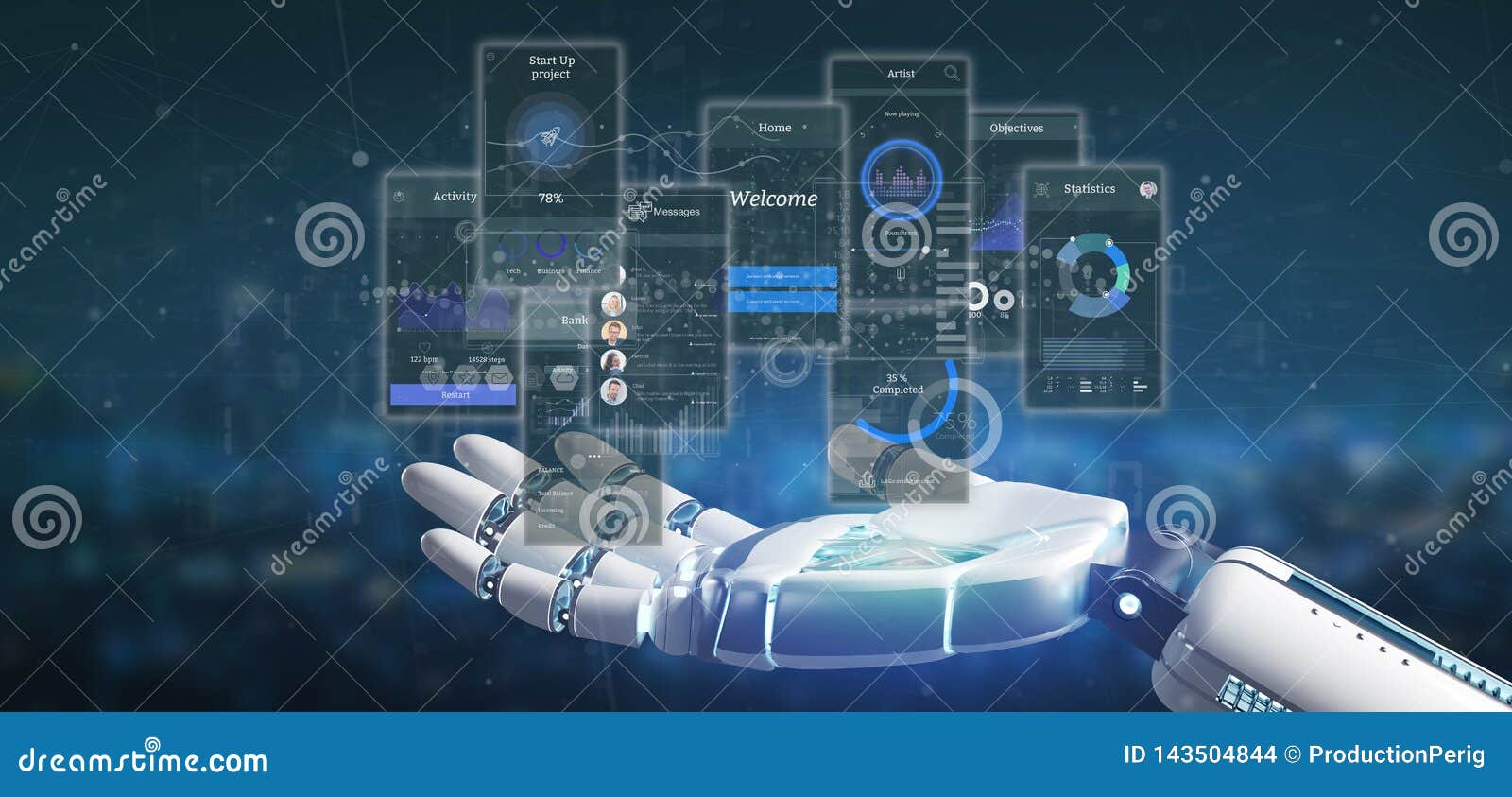 Cyborg Hand Holding User Interface Screens with Icon, Stats and Data 3d ...