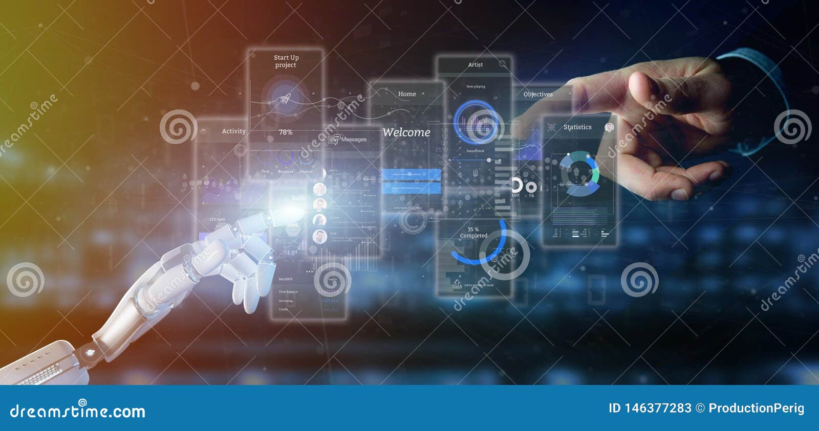 Cyborg Hand Holding User Interface Screens with Icon, Stats and Data 3d ...