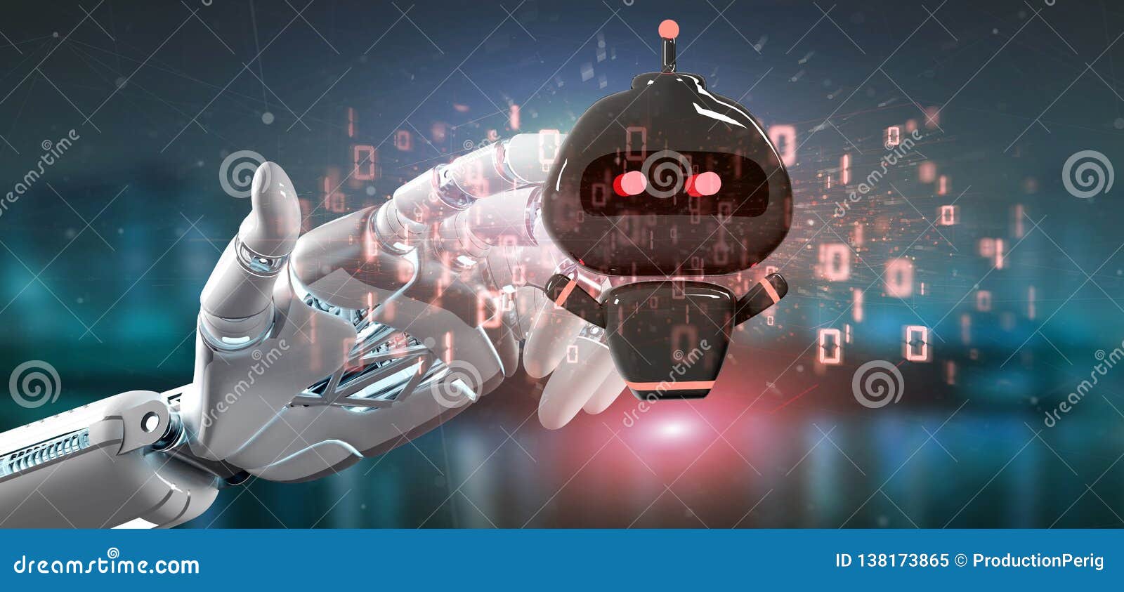 Cyborg Hand Holding Virus Chatbot with Binary Code 3d Rendering Stock ...