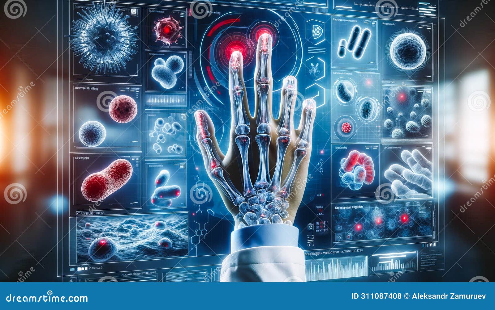 Cyborg Hand on Screen Creating and Analyzing Nano Virus Check Bacterias ...