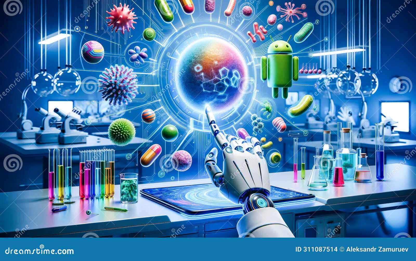 Cyborg Hand on Screen Creating and Analyzing Nano Virus Check Bacterias ...