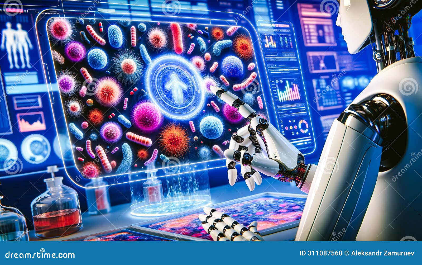 Cyborg Hand on Screen Creating and Analyzing Nano Virus Check Bacterias ...