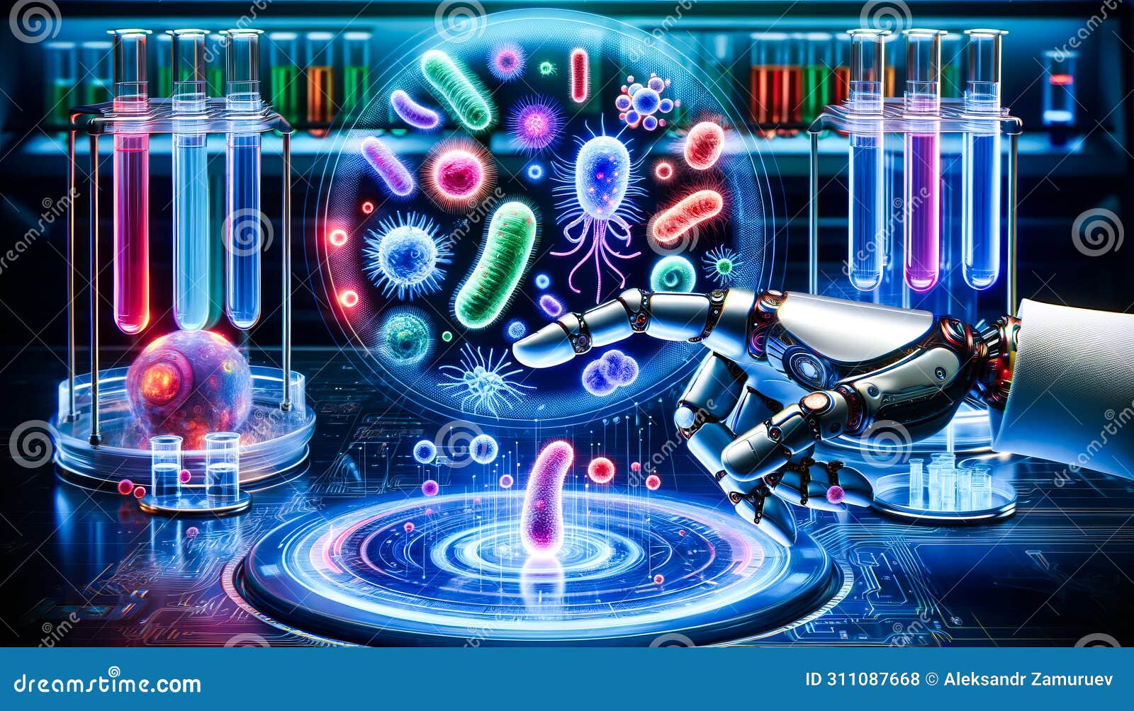 Cyborg Hand on Screen Creating and Analyzing Nano Virus Check Bacterias ...