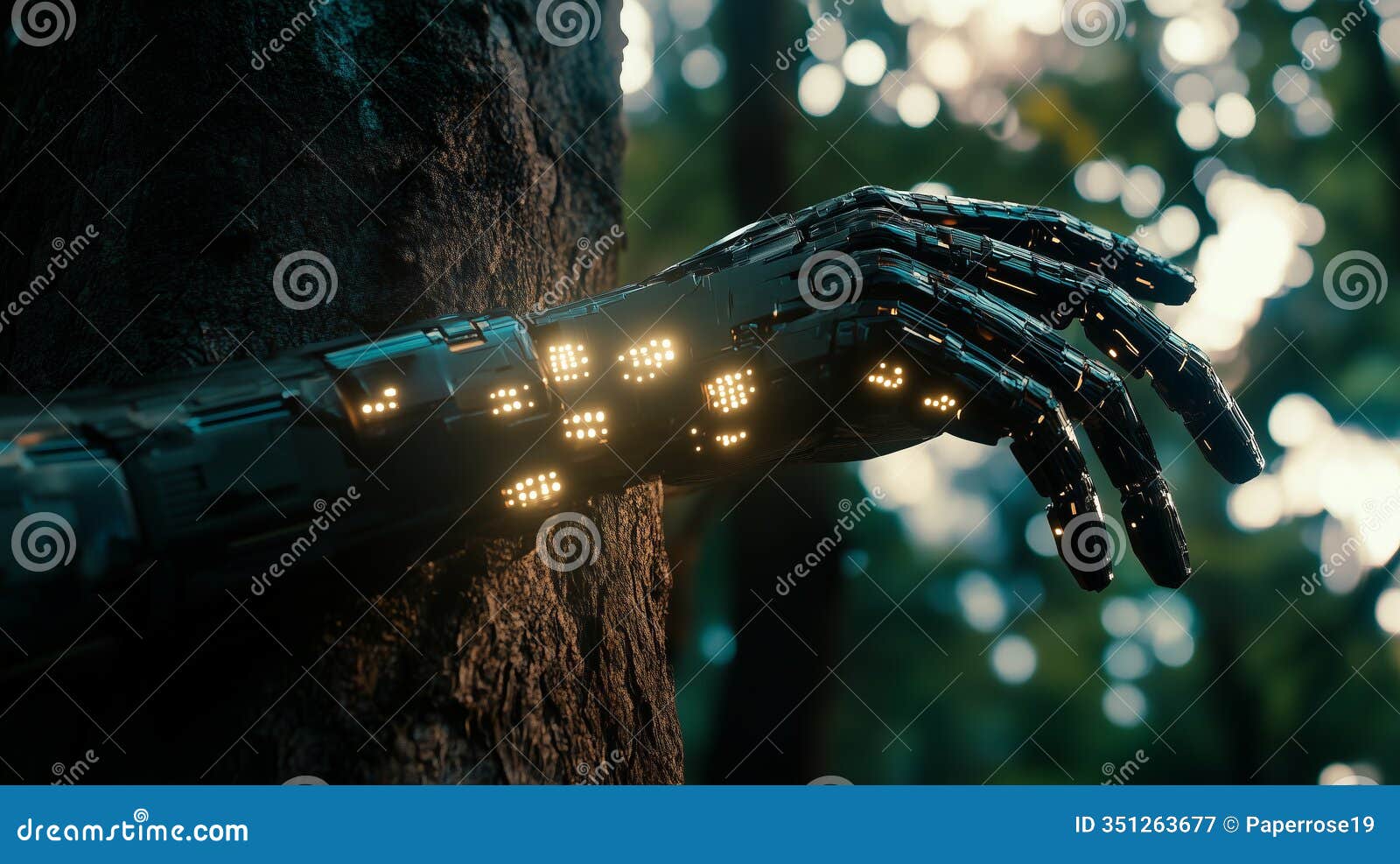 Cyborg Hand Touching a Tree with Glowing Circuits Stock Image - Image ...
