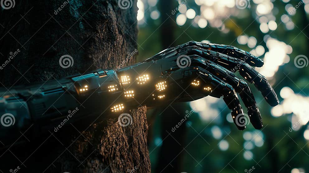 Cyborg Hand Touching a Tree with Glowing Circuits Stock Image - Image ...