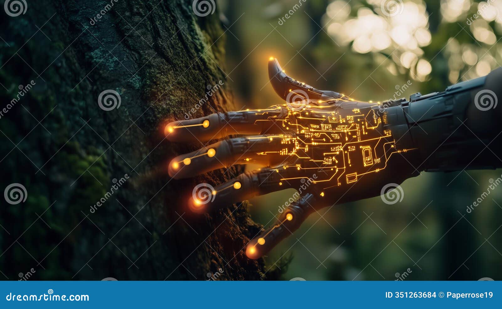 Cyborg Hand Touching a Tree with Glowing Circuits Stock Photo - Image ...