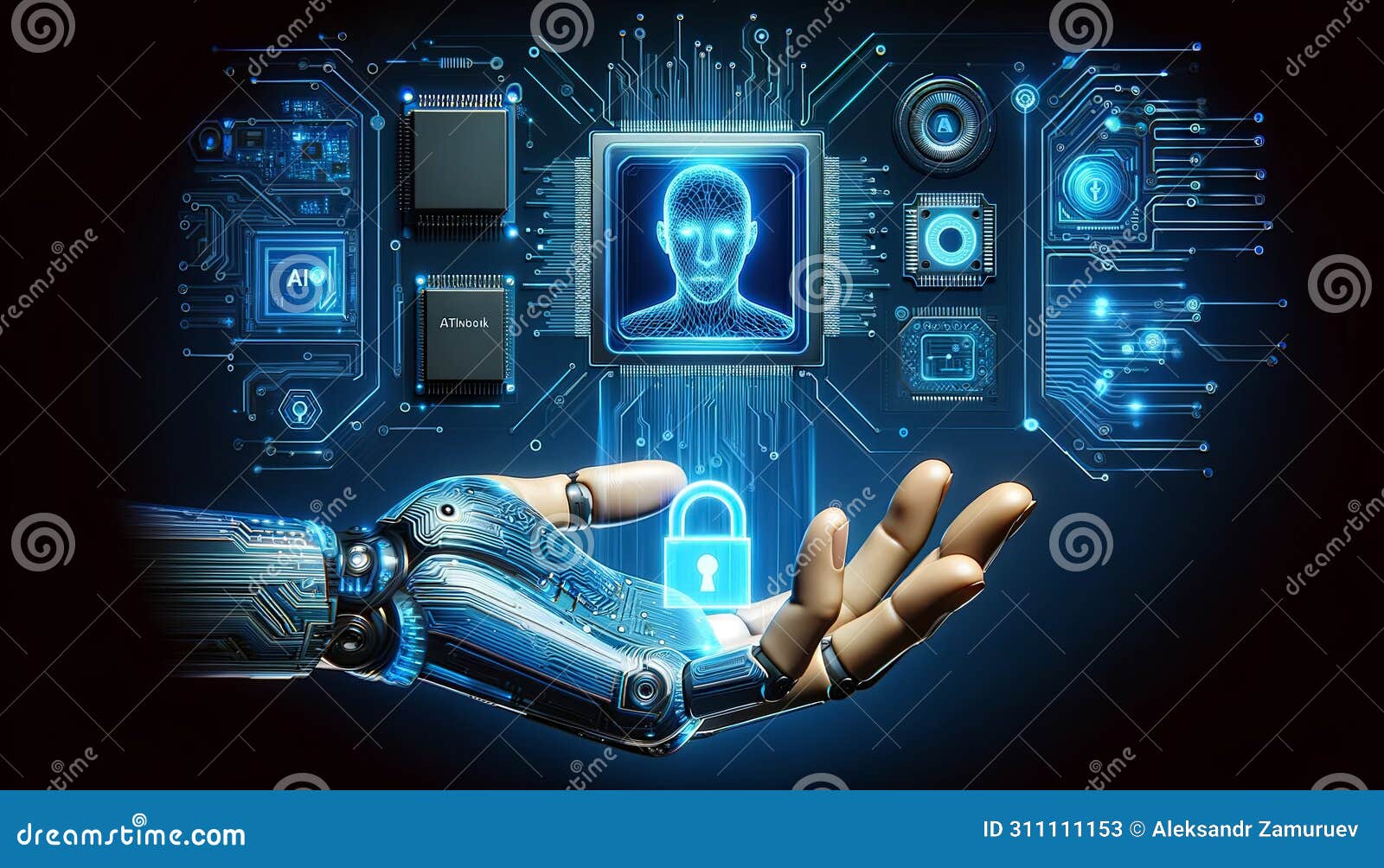 Cyborg Hands with Digital Padlock on Digital Microcircuits Background ...