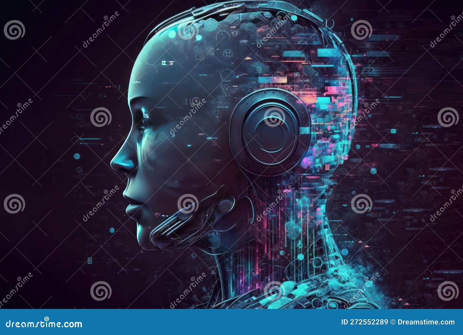 Cyborg Head with Digital Binary Code. Artificial Intelligence Concept Stock Illustration ...