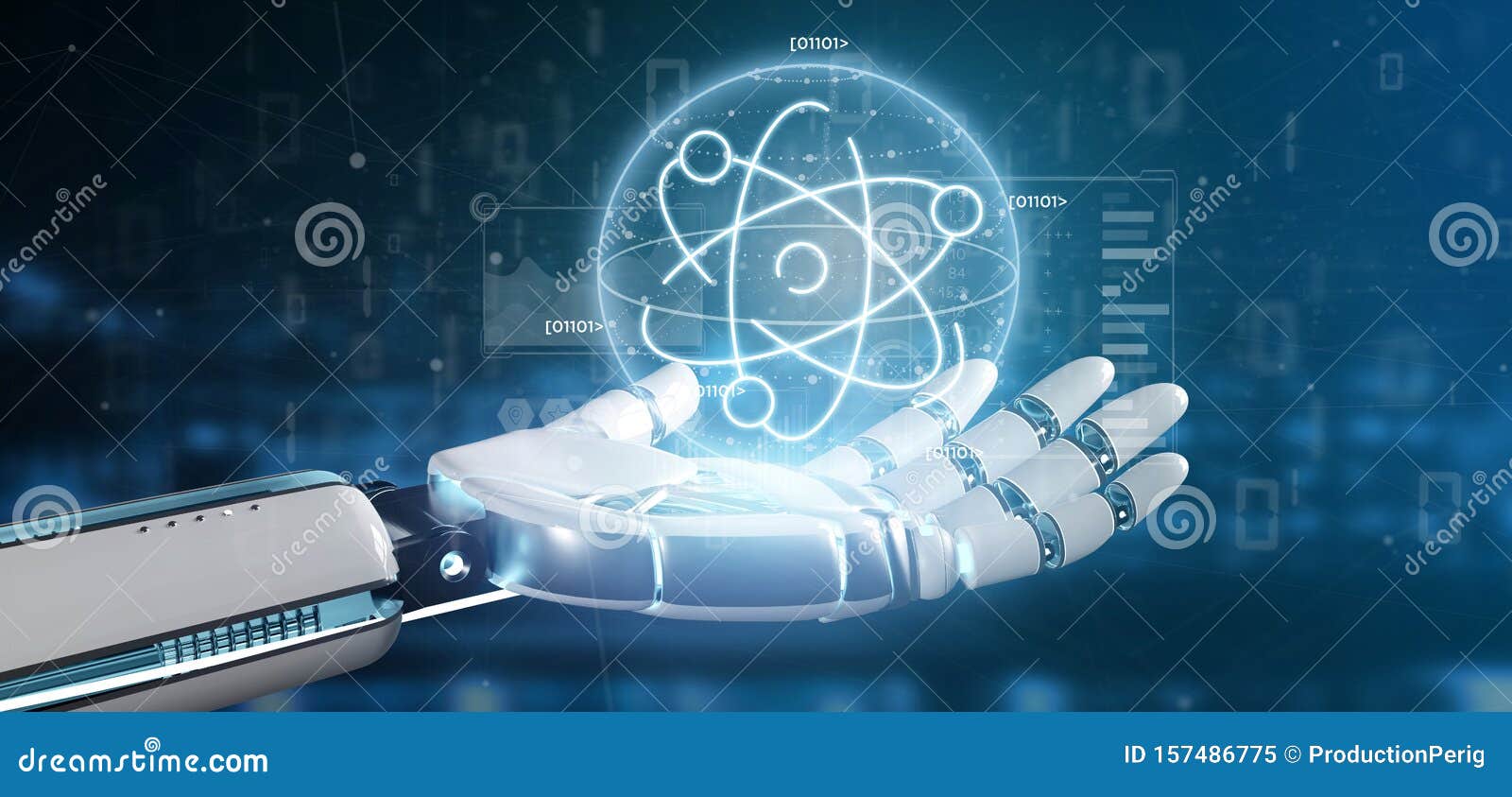 Cyborg Holding an Atom Icon Surrounded by Data Stock Image - Image of ...