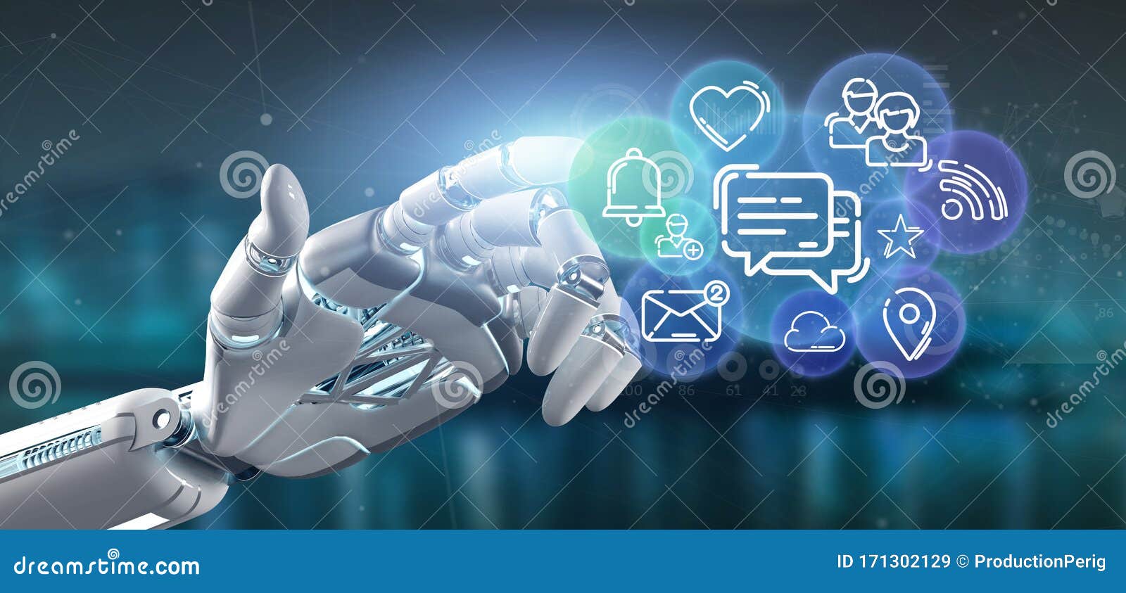 Cyborg Holding a Cloud of Social Media Network Icon Stock Illustration ...