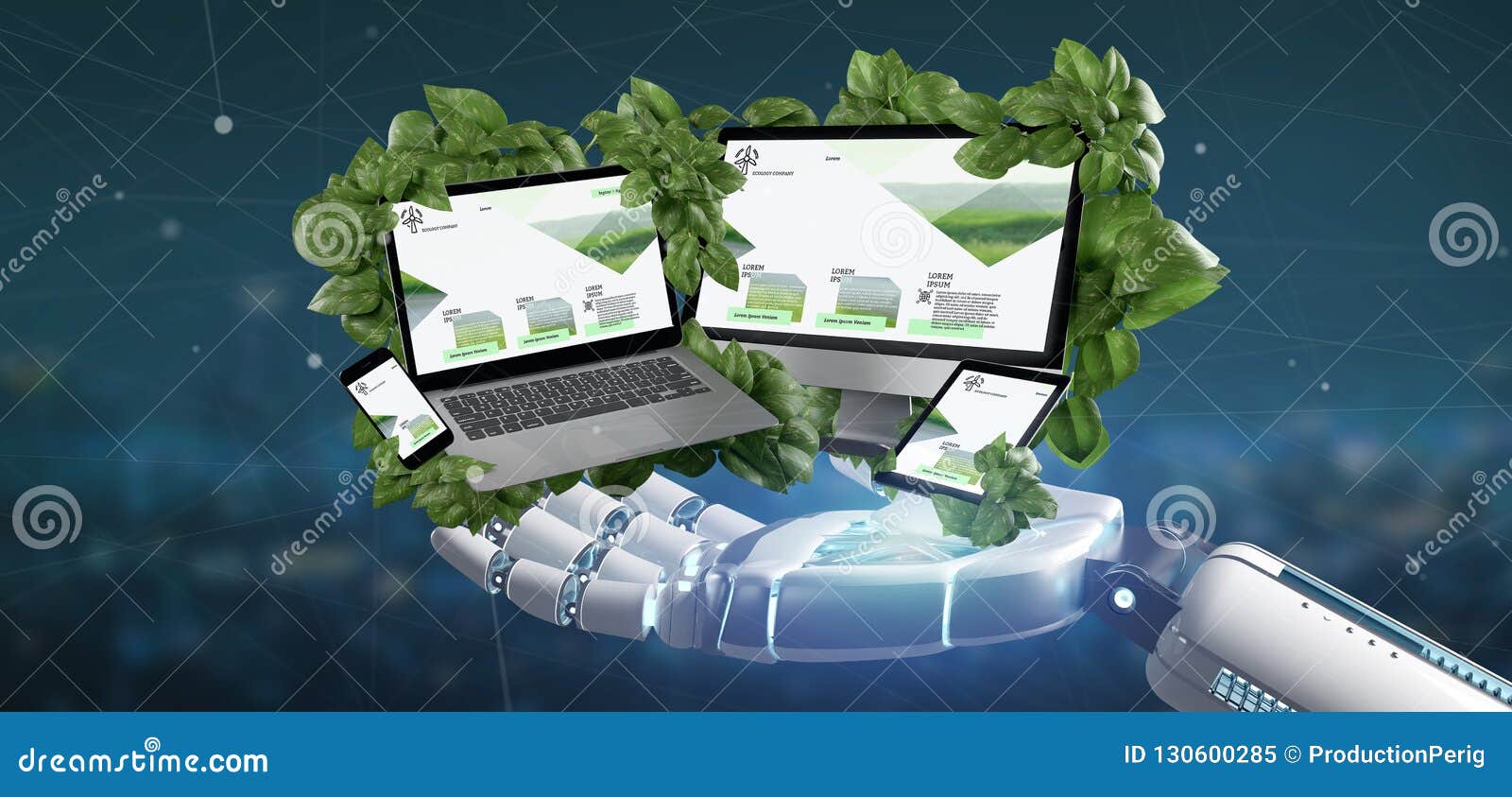 Cyborg Holding a Connected Devices Surrounding by Leaves 3d Rend Stock ...