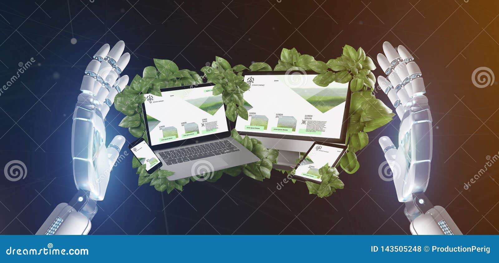 Cyborg Holding a Connected Devices Surrounding by Leaves 3d Rendering ...