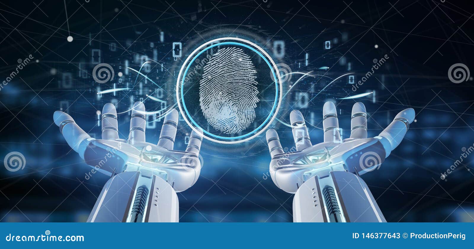 Cyborg Holding A Digital Fingerprint Identification And Binary Code 3d Rendering Stock