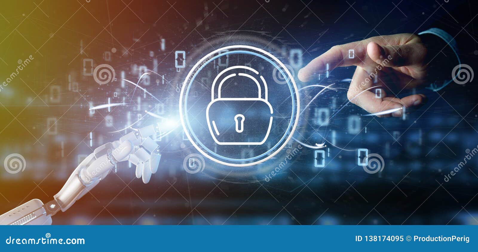 Cyborg Holding Security Padlock Wheel Icon with Stats and Binary Code ...