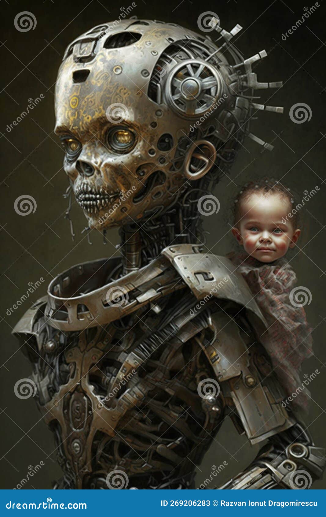 Cyborg with a Human and Robotic Face, Radiating Wisdom. the Image ...