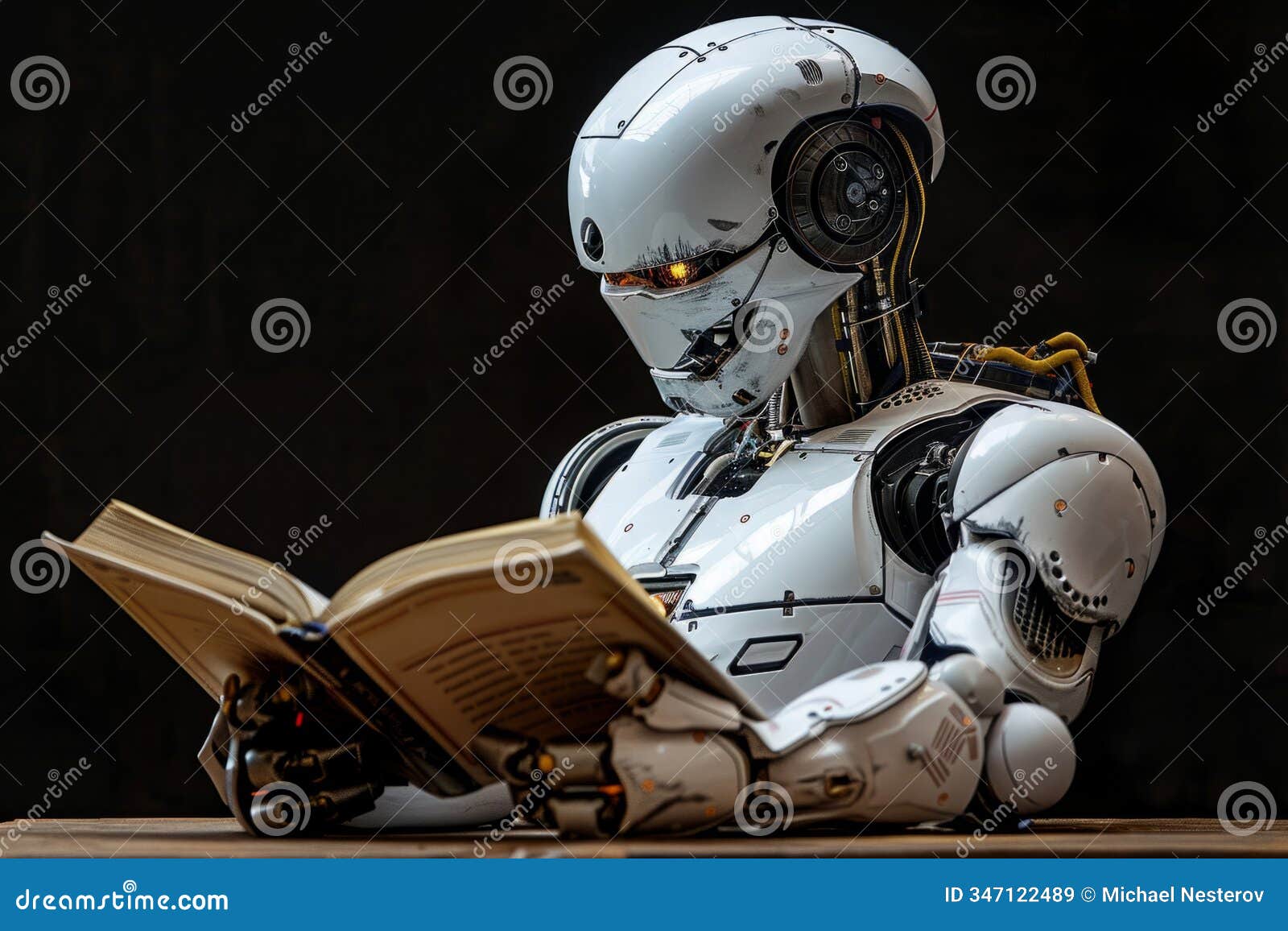 Cyborg Humanoid Reading a Book, Training Artificial Intelligence Stock ...