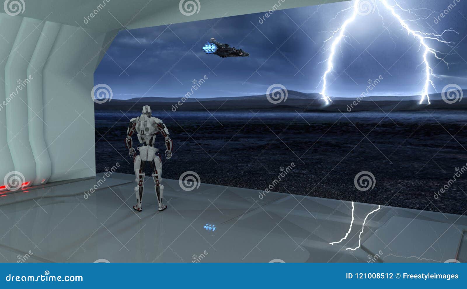 Cyborg, Humanoid Robot in Cargo Bay Watching a Spaceship Flying into a ...