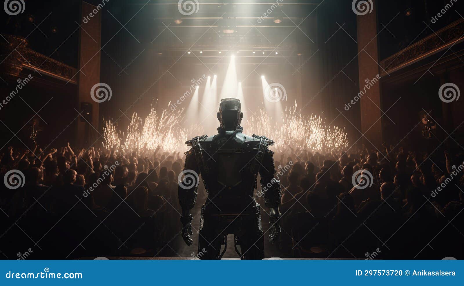 Cyborg Looking at the Stage and Fireworks in a Large Venue Full of ...