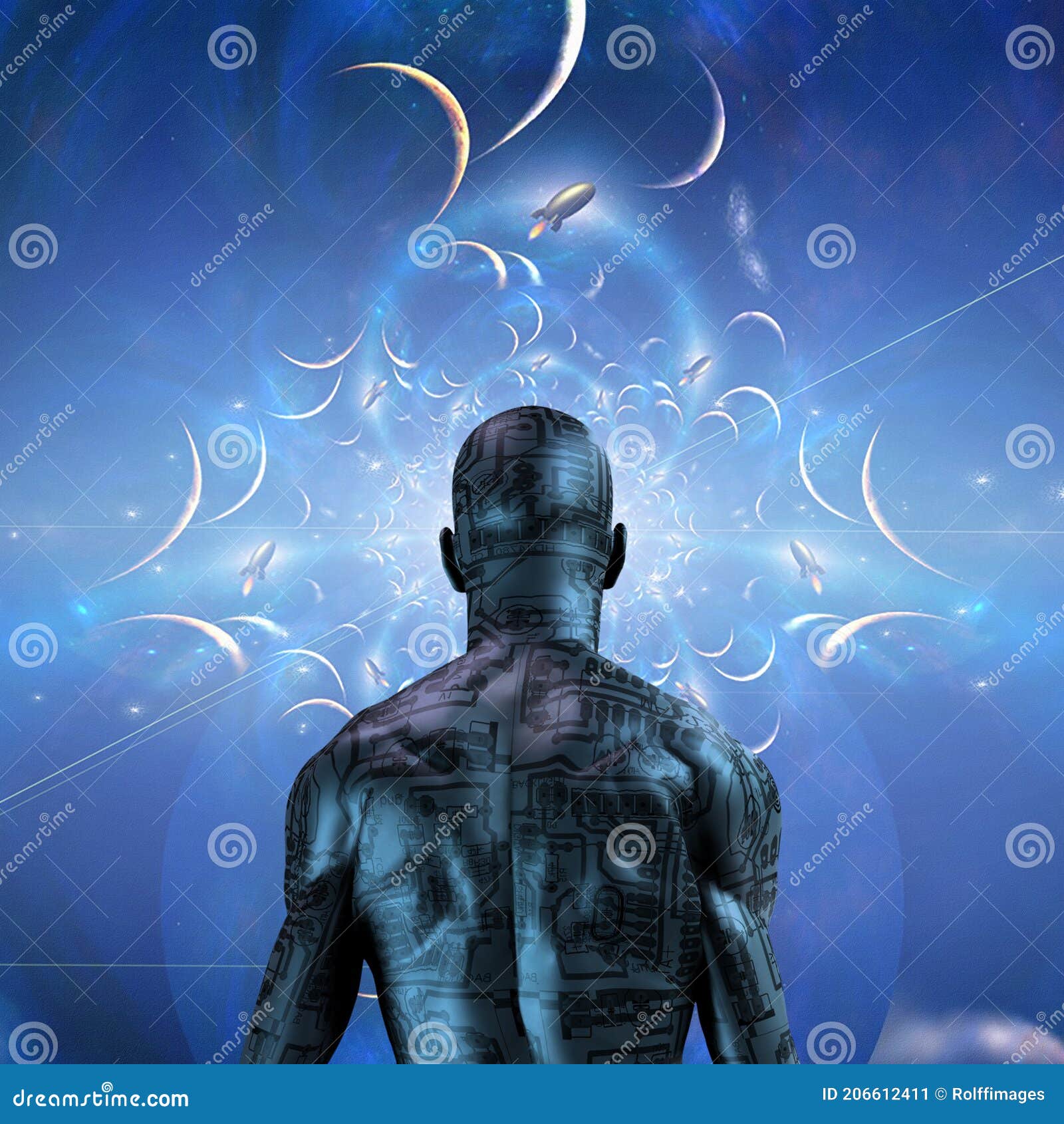 Cyborg Man before Endless Space Stock Illustration - Illustration of ...