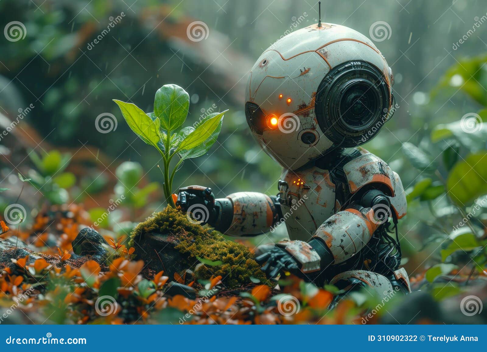 Cyborg and Plant in Forest. a Robot Looking at the Green Sprout Stock ...