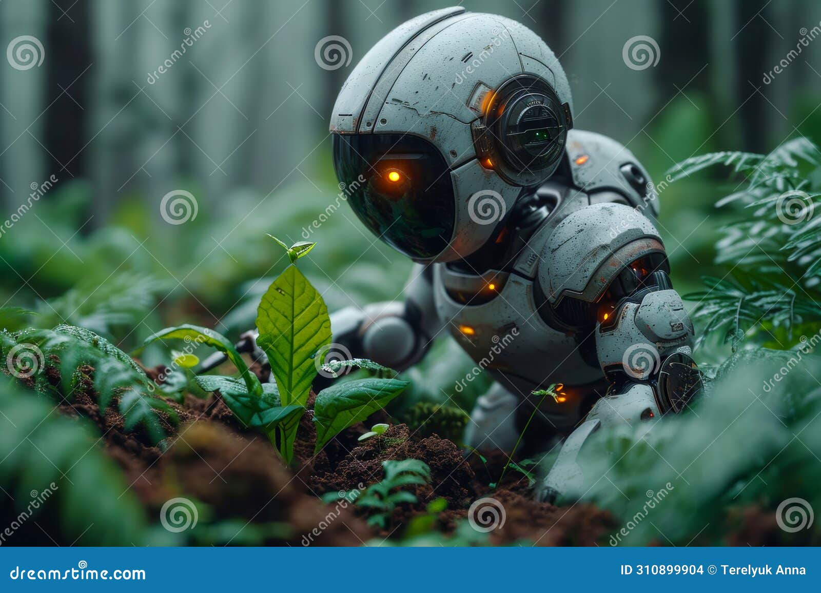 Cyborg Planting Tree on Forest Stock Photo - Image of science, model ...