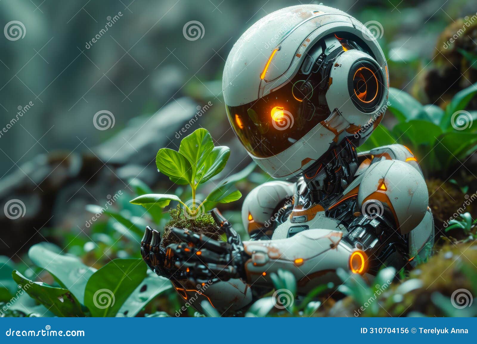 Cyborg Planting Tree while Working in the Field of the Future. Stock ...
