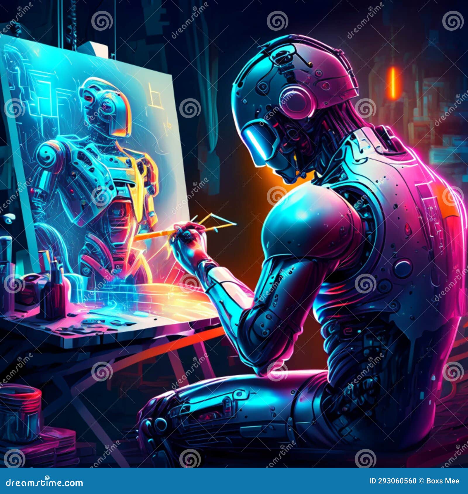 Cyborg Playing a Game on a Computer. 3D Rendering Stock Illustration ...