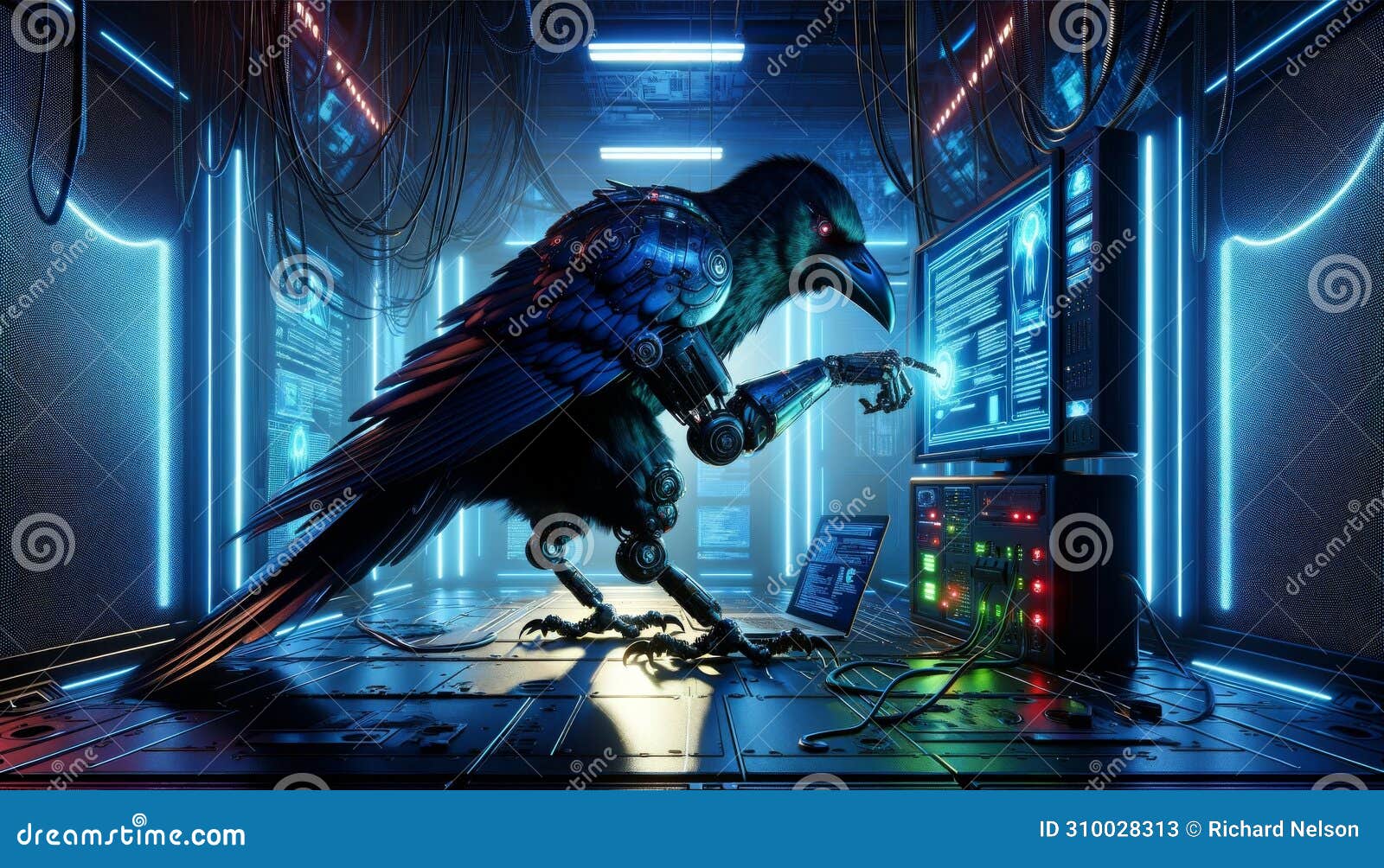 Cyborg Raven Hacking in a Sci-Fi Facility Stock Illustration ...