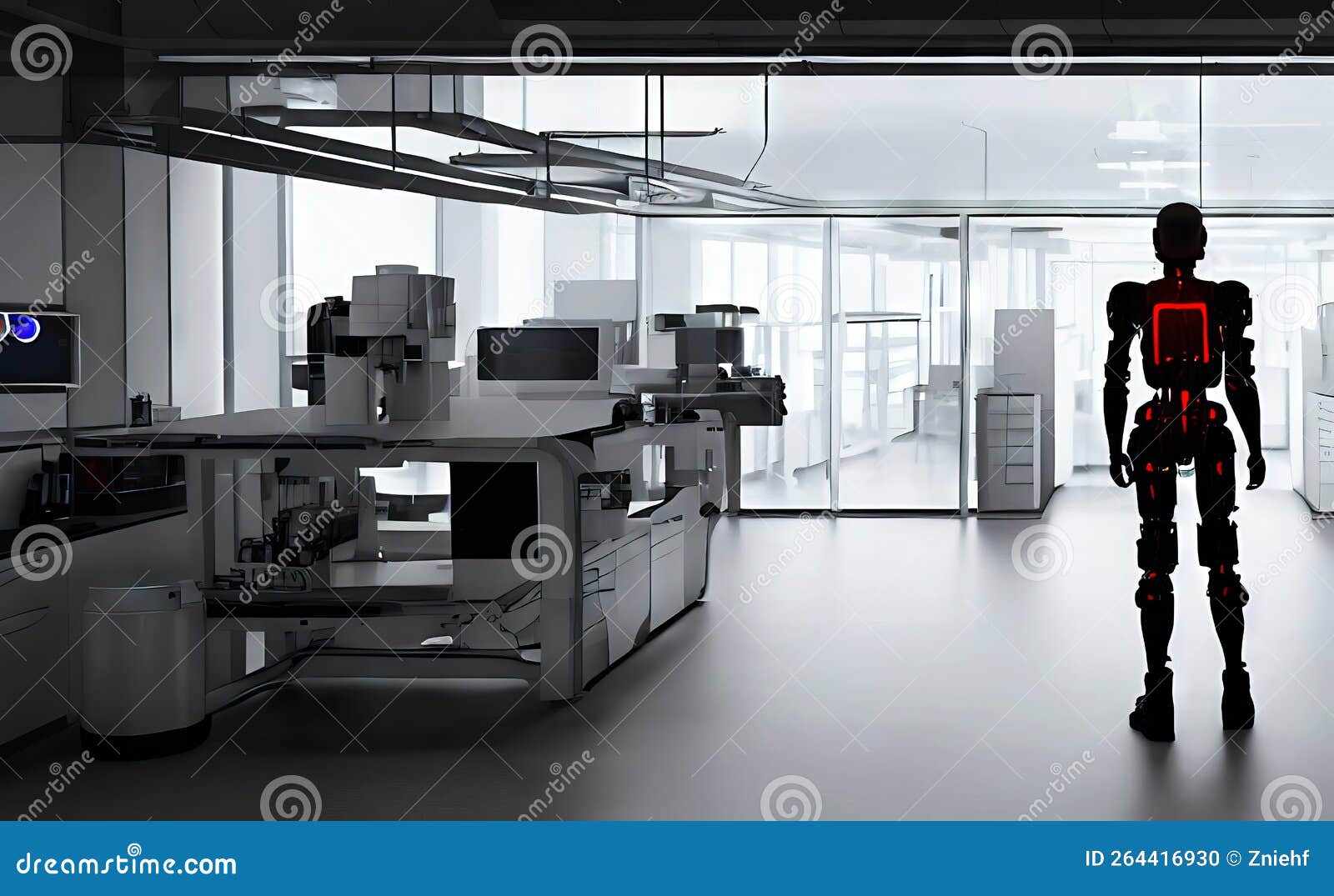 Cyborg with Red Interior Lighting in a Large Room at the End of a ...