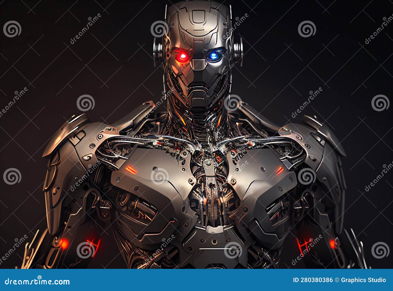 Cyborg with Red Light on Dark Background. 3D Rendering Stock ...