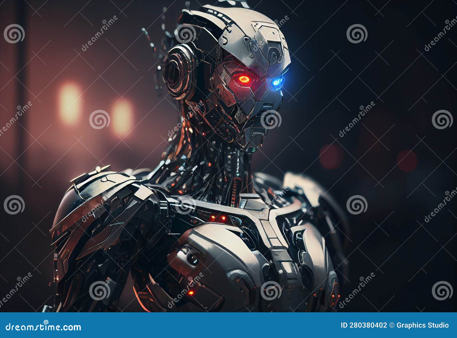 Cyborg with Red Light on Dark Background. 3D Rendering Stock ...