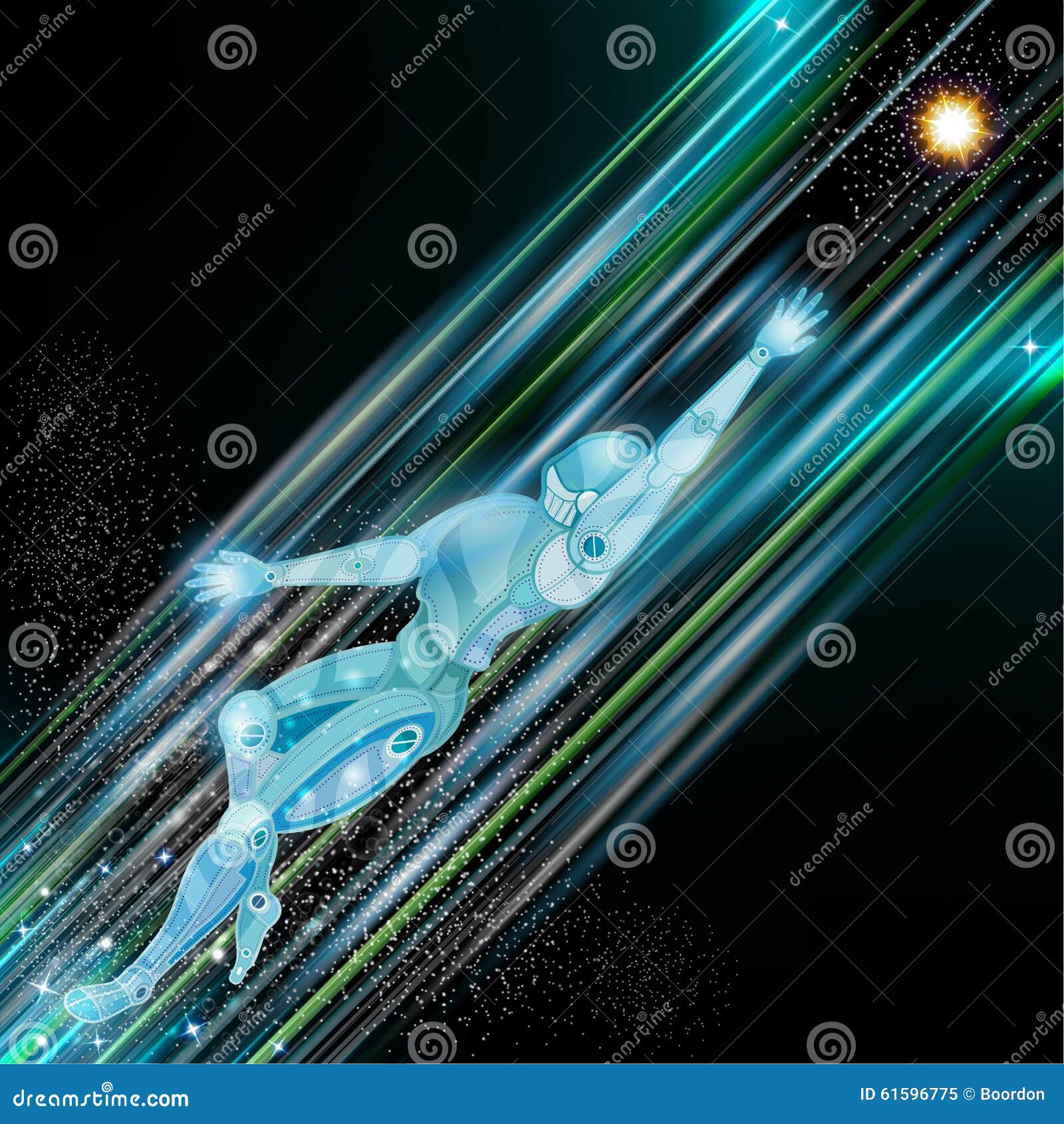 Cyborg Robot Flying with Light Trails and Motion Blur on Space ...