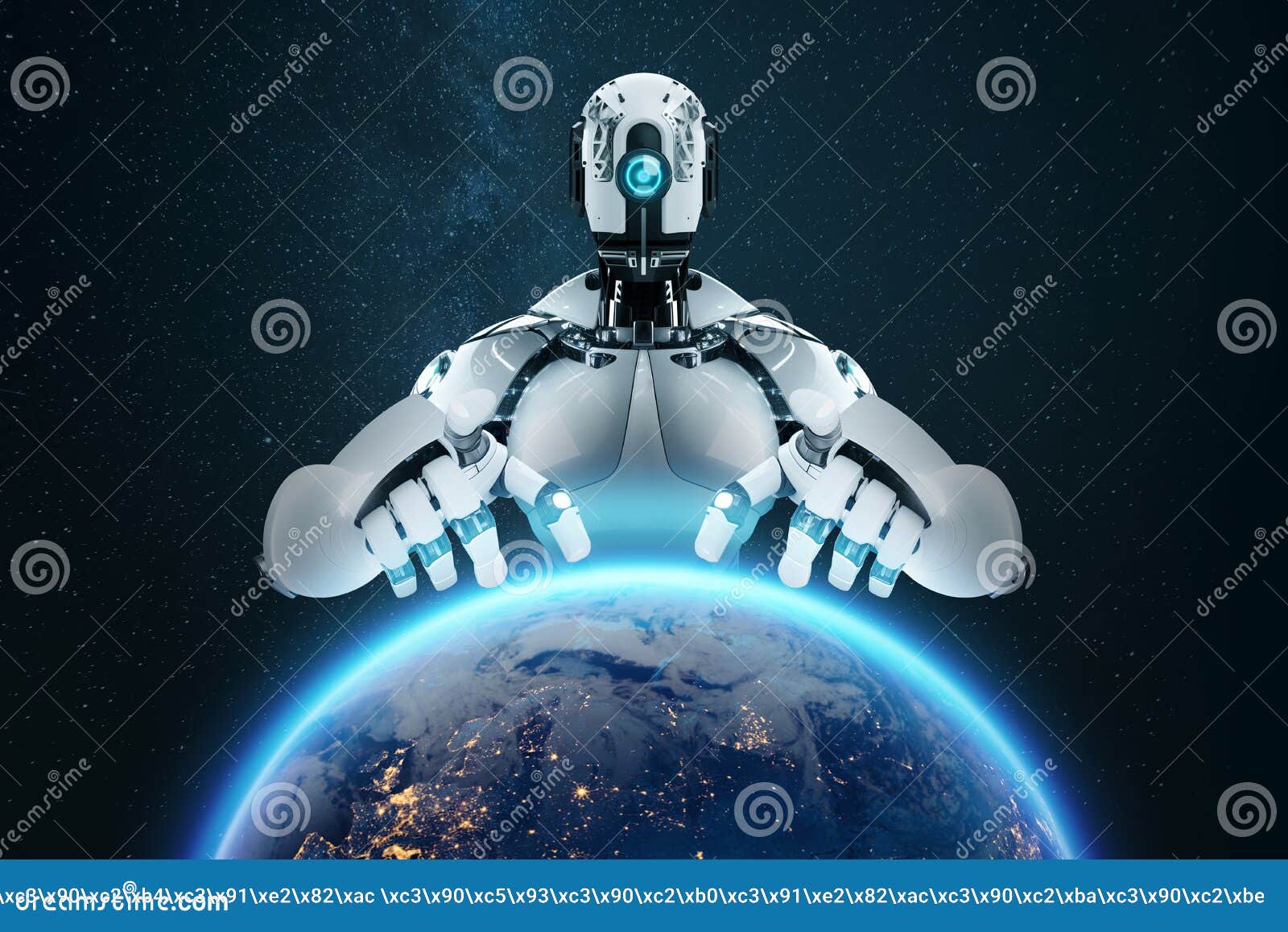 A Cyborg Robot Stretches Its Arms Over Planet Earth, Controlling it ...
