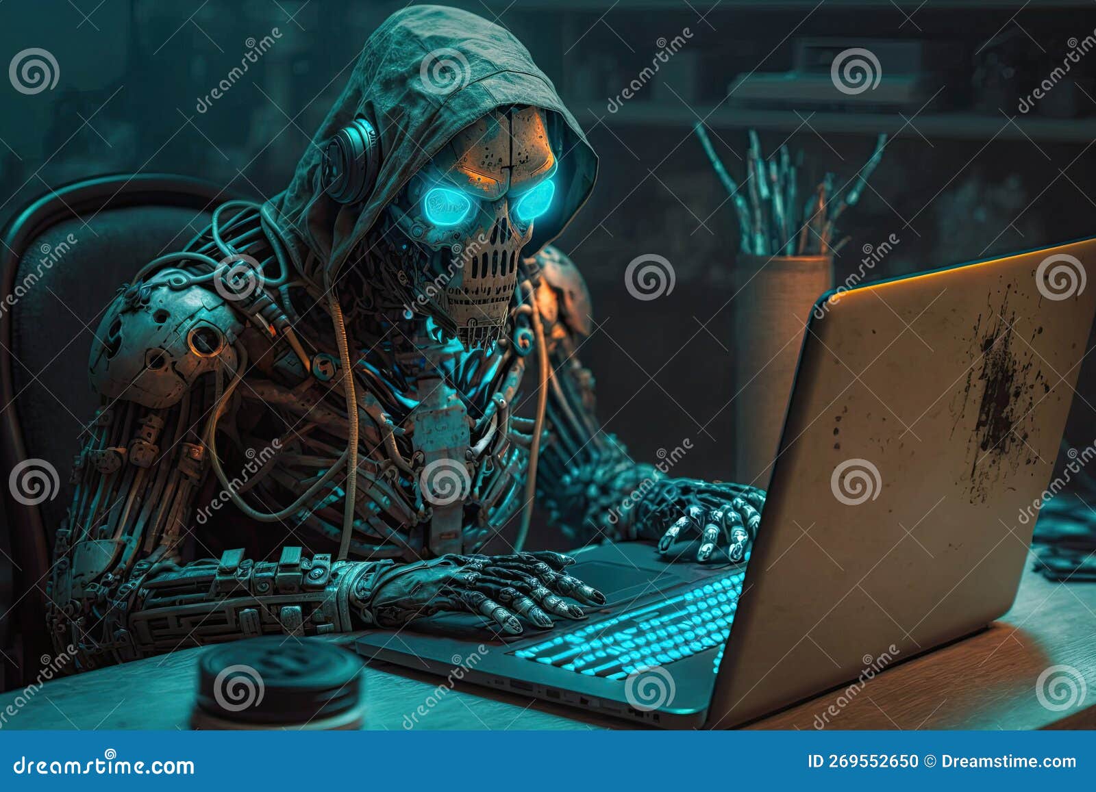 Cyborg Robot is Typing on Laptop Keyboard. Future of Artificial ...