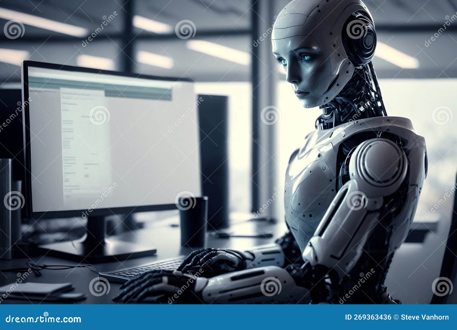 Female Cyborg Robot Working on Computer Stock Illustration ...