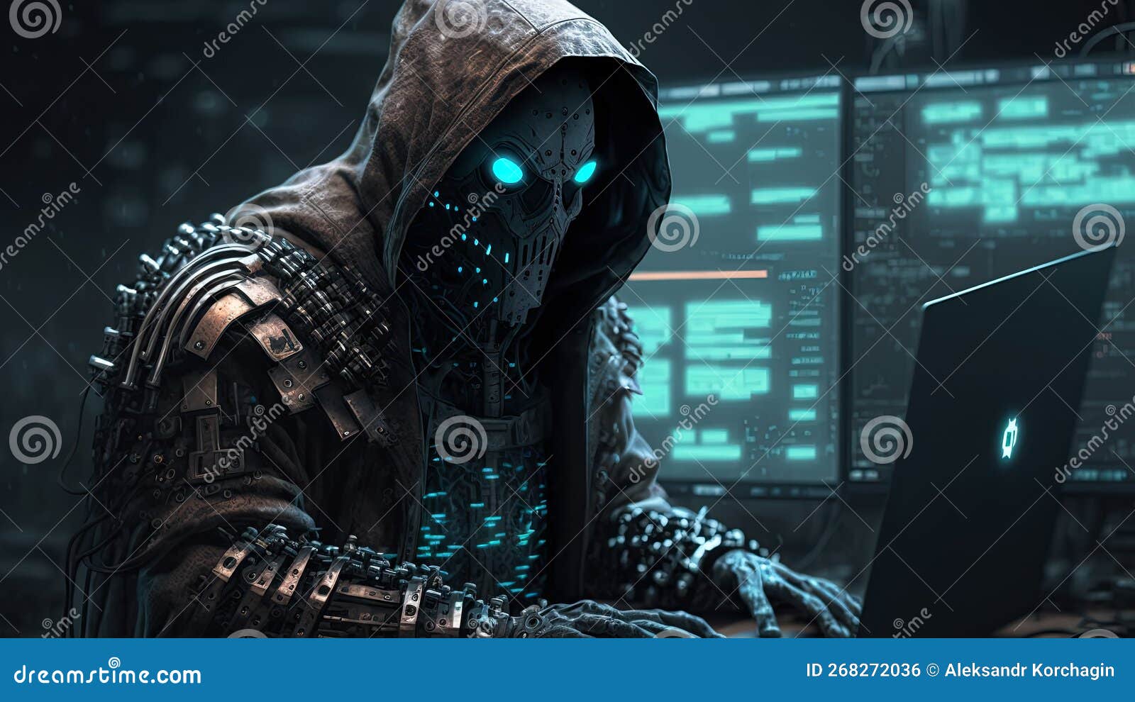 Cyborg Robot is Working on a Laptop. Concept of Future of Artificial ... Cyborg Robot is Working on a Laptop. Concept of Future of Artificial ...
