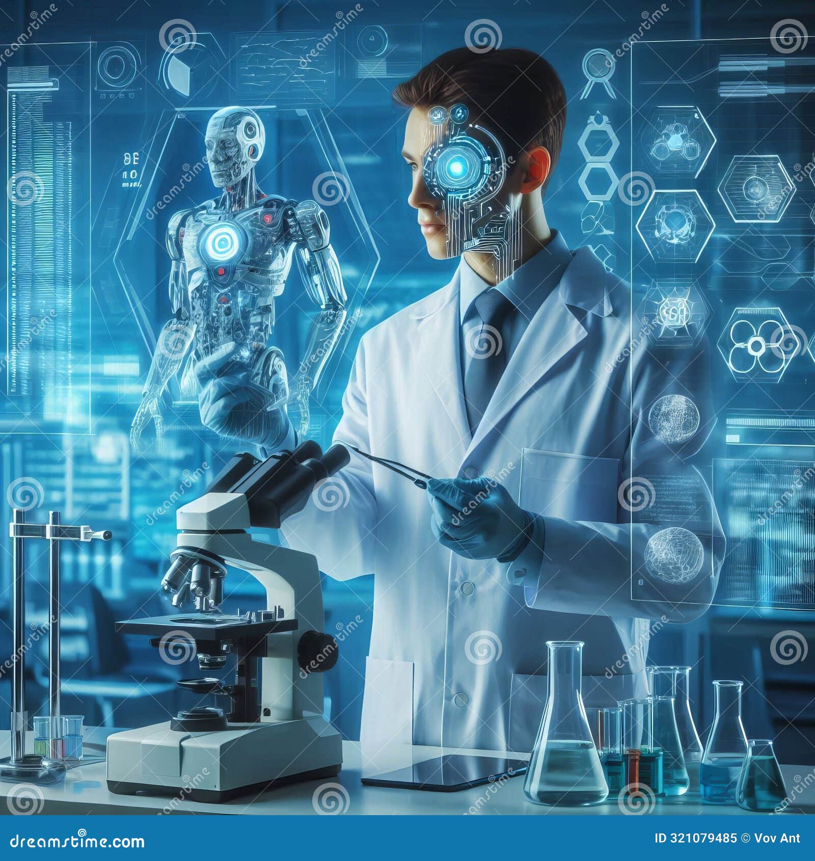 Cyborg Scientist with Laboratory Equipment Integration, Data an Stock ...