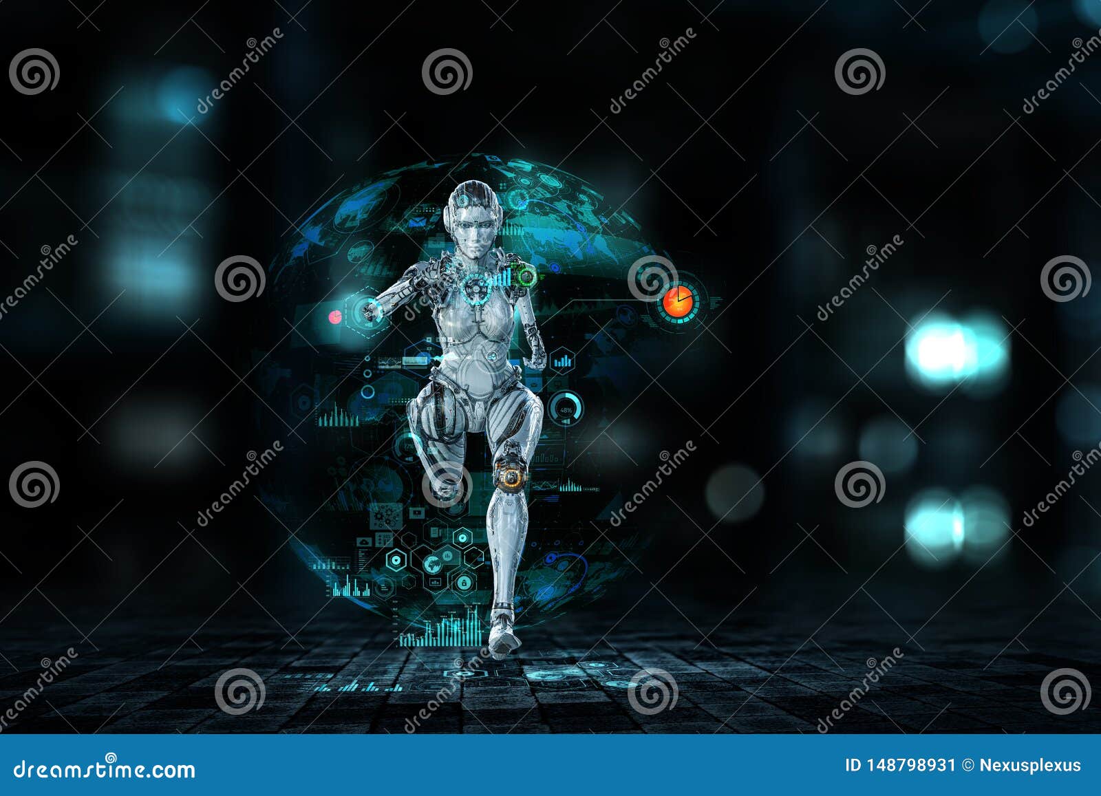 Cyborg Silver Running Woman. Mixed Media Stock Illustration ...
